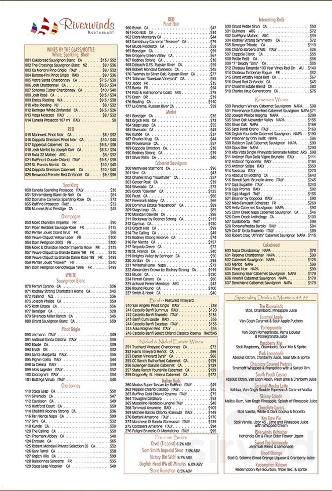Menu for Riverwinds Restaurant in West Deptford, NJ | Sirved