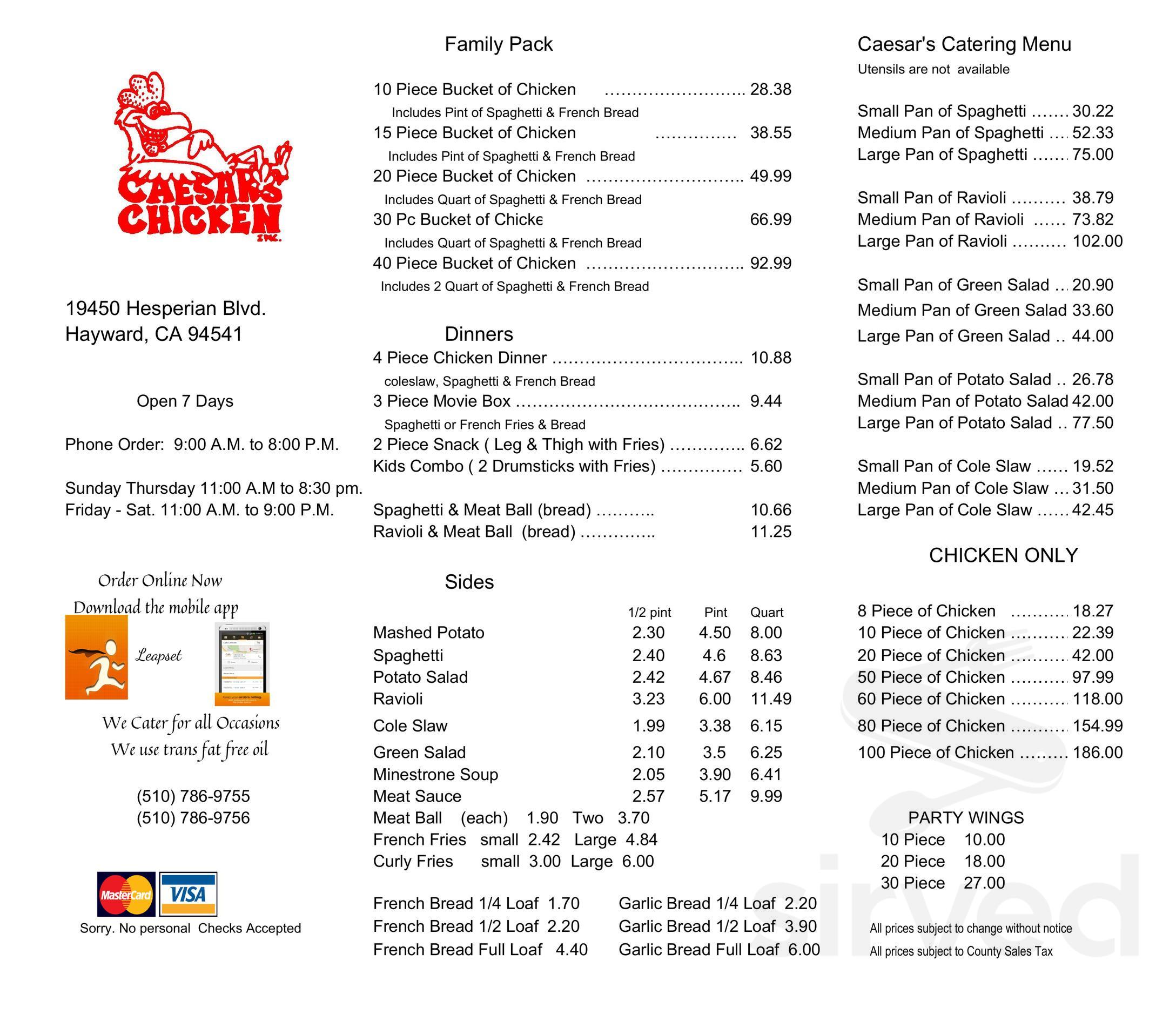 Menu for Caesar's Chicken in Hayward, CA | Sirved