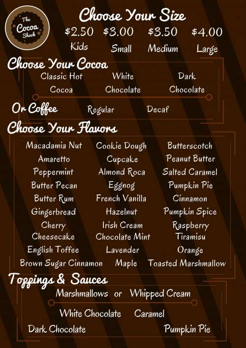 The Cocoa Shack menu in Fort Dodge, Iowa, USA