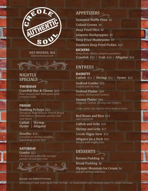 Creole Soul menu in Des Moines, Washington, USA