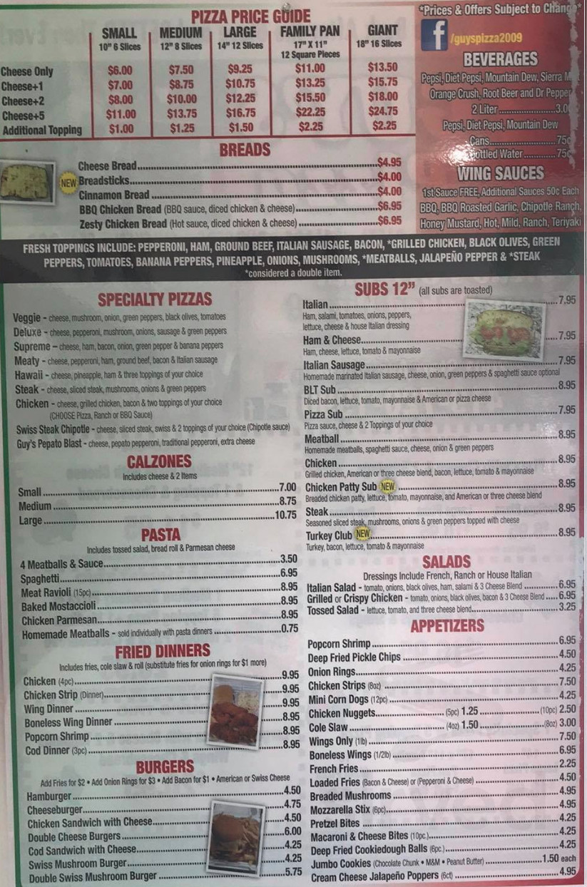 Guy's Pizza menu in Toledo, Ohio, USA