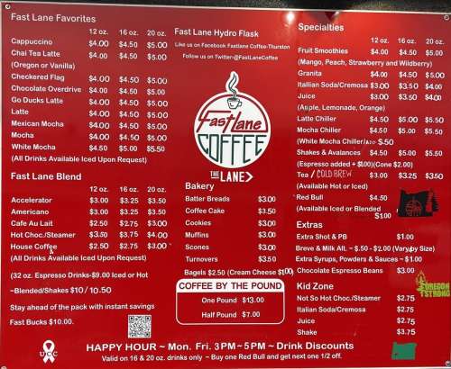 Fast Lane Coffee Co menu in Springfield, Oregon, USA