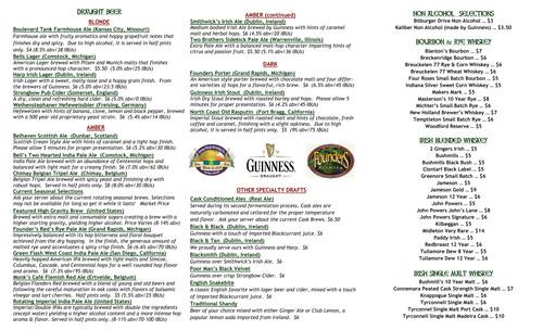 Fiddler's Hearth menu in South Bend, Indiana, USA