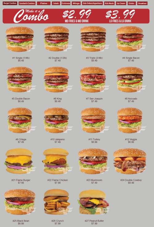 Flame ‘N Freeze menu in Bakersfield, California, USA