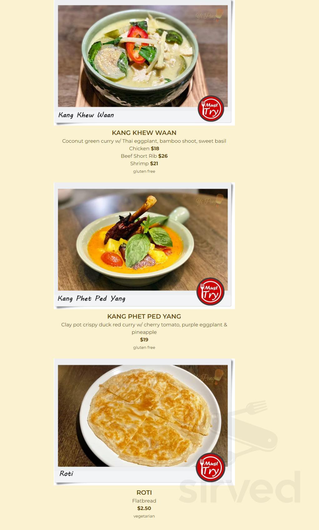 Menu - Houston TX's Yi Peng Thai Dining | Sirved