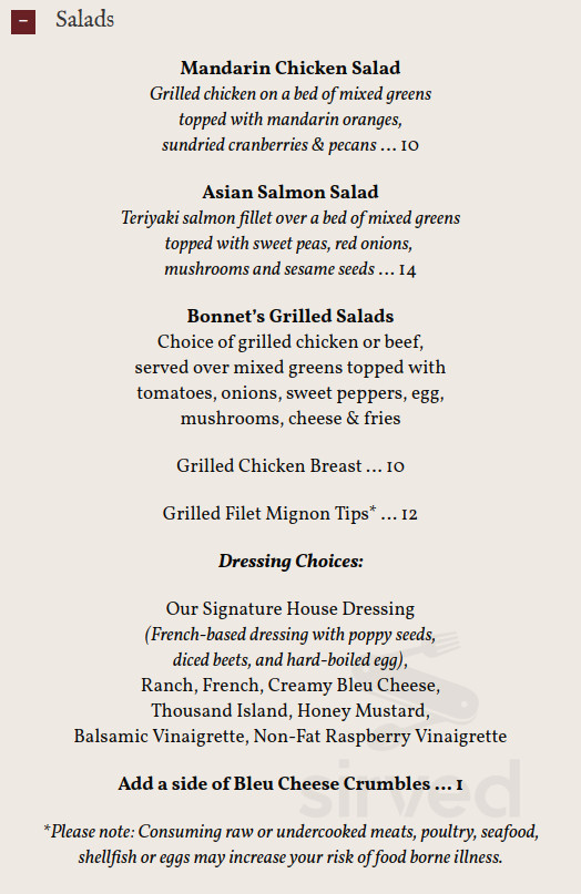 Jean Bonnet Tavern menu in Bedford, Pennsylvania, USA