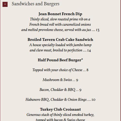 Jean Bonnet Tavern menu in Bedford, Pennsylvania, USA