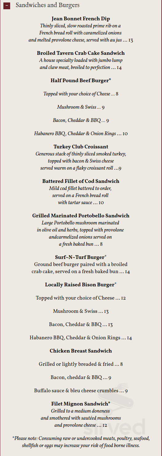 Jean Bonnet Tavern menu in Bedford, Pennsylvania, USA