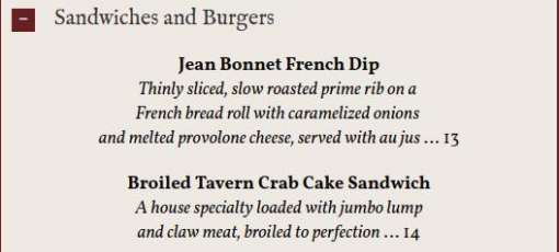 Menu for Jean Bonnet Tavern in Bedford, PA | Sirved
