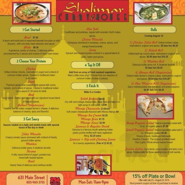 Shalimar Curry House menus in Columbia, South Carolina, United States