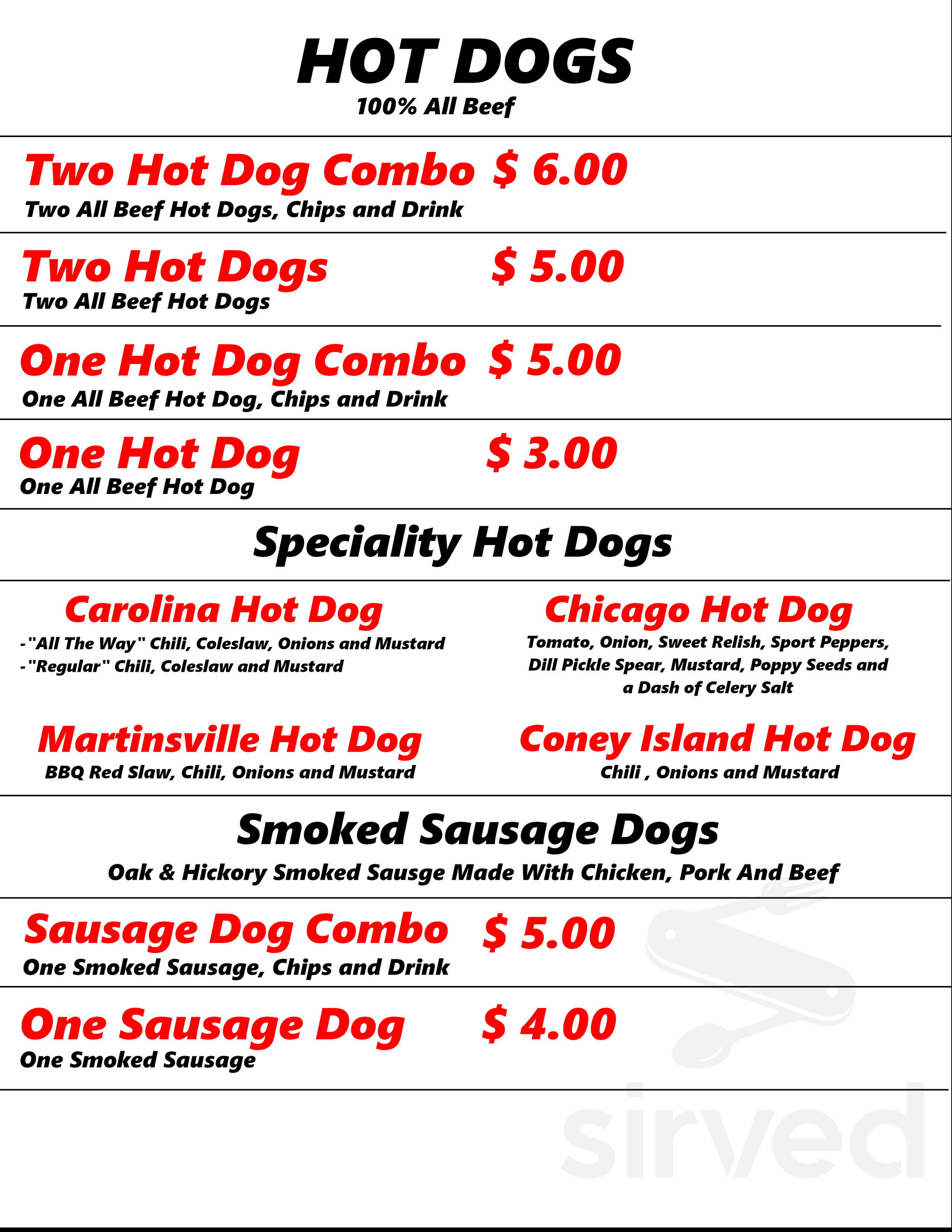 Menu - Lewisville NC's Rockin' Dawgs Hot Dogs | Sirved