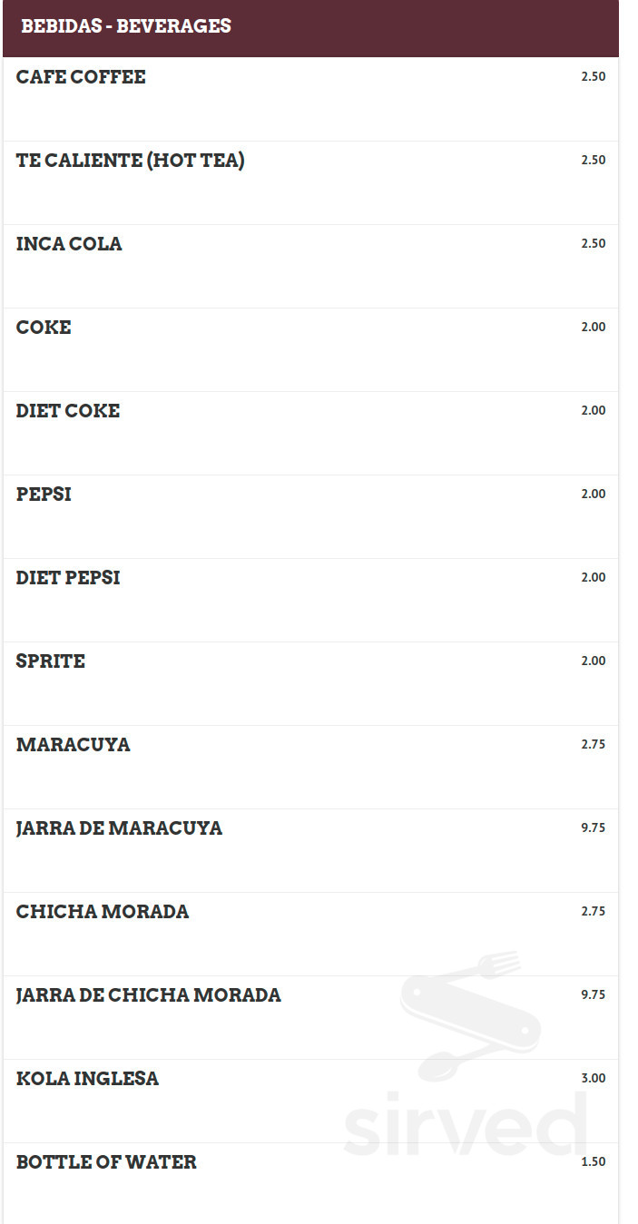 Inti Peruvian Restaurant menu in Los Angeles, California, USA