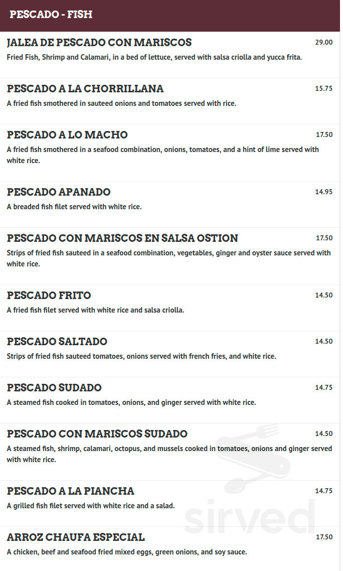 Inti Peruvian Restaurant menu in Los Angeles, California, USA