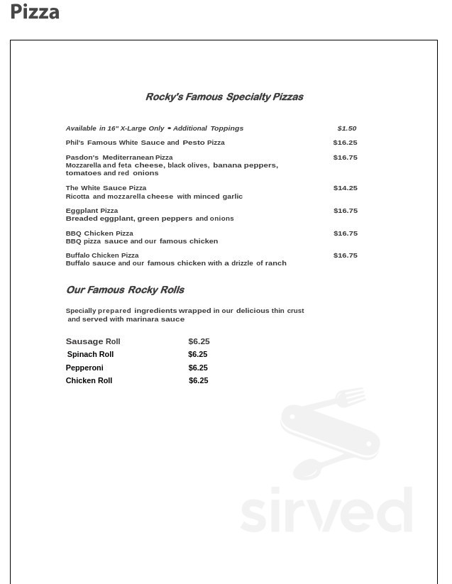 Menu - Monroe GA's Rockys Pizzeria & Grill | Sirved