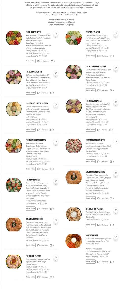 Maines Food & Party Warehouse menu in Binghamton, New York, USA