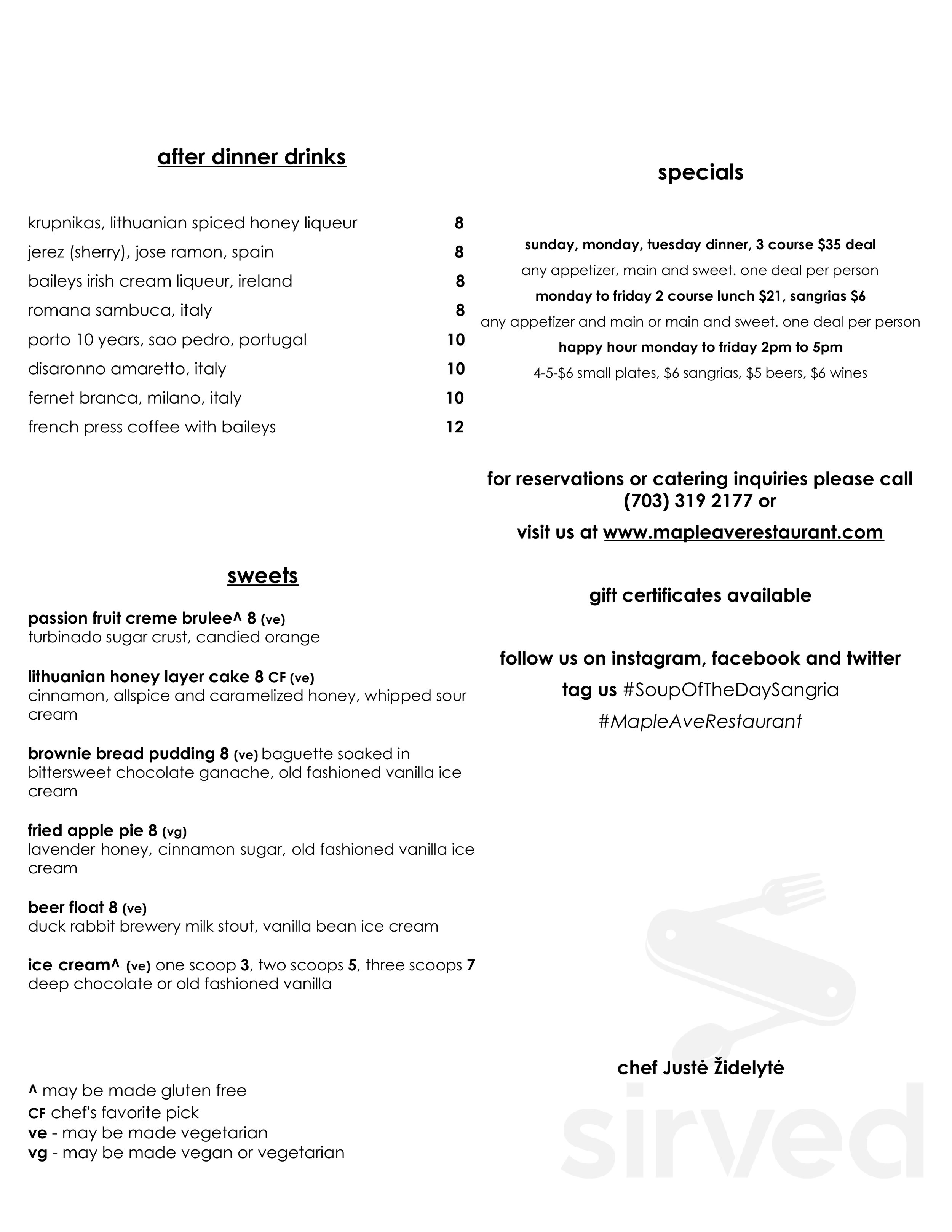 Maple Ave Restaurant menu in Vienna, Virginia, USA