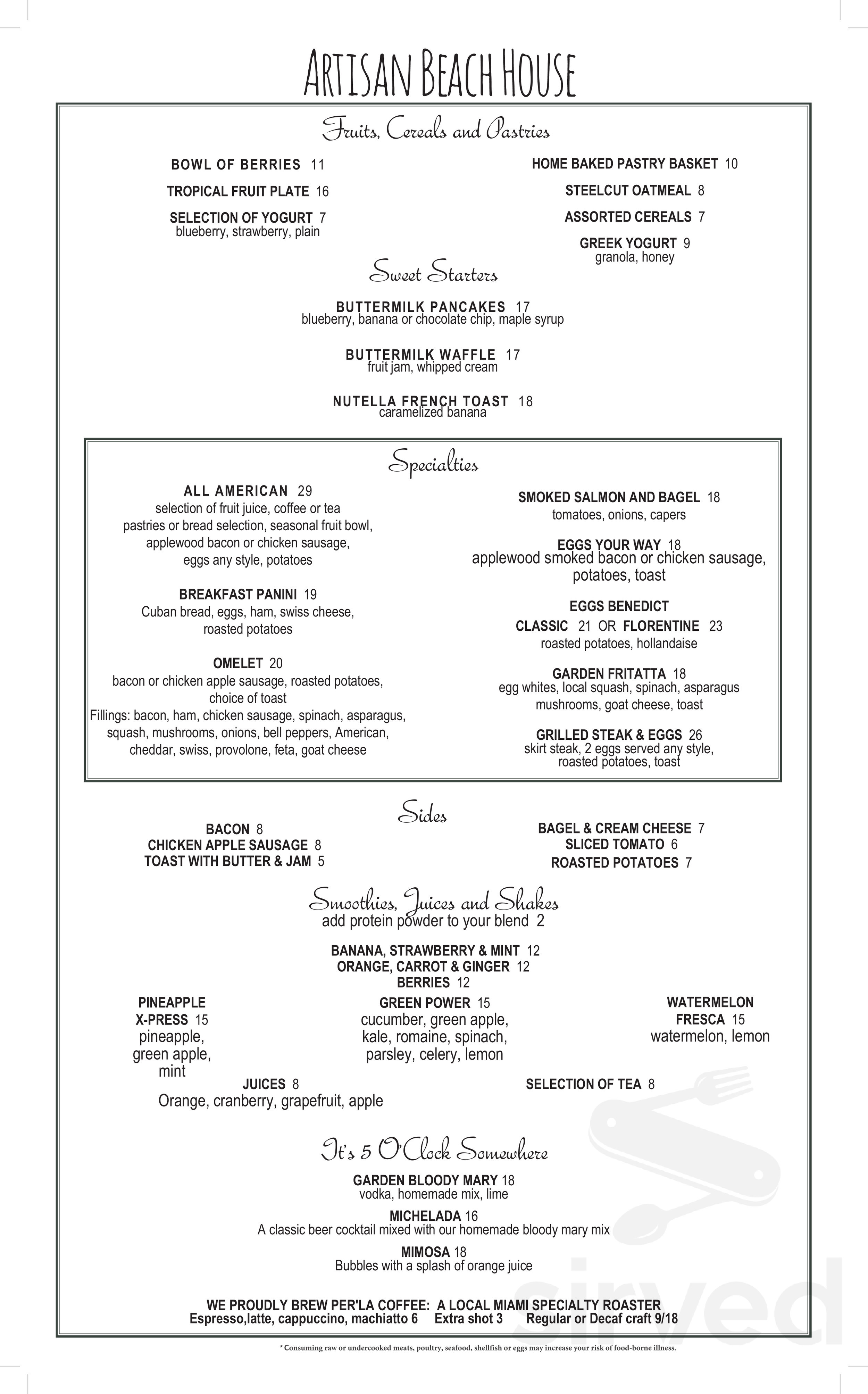 Artisan Beach House menu in Bal Harbour, Florida, USA