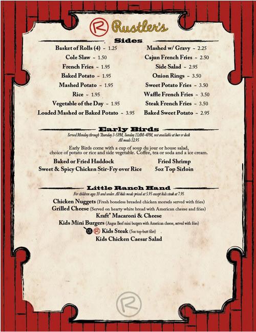 Rustlers Steak House menu in Windham, Maine, USA