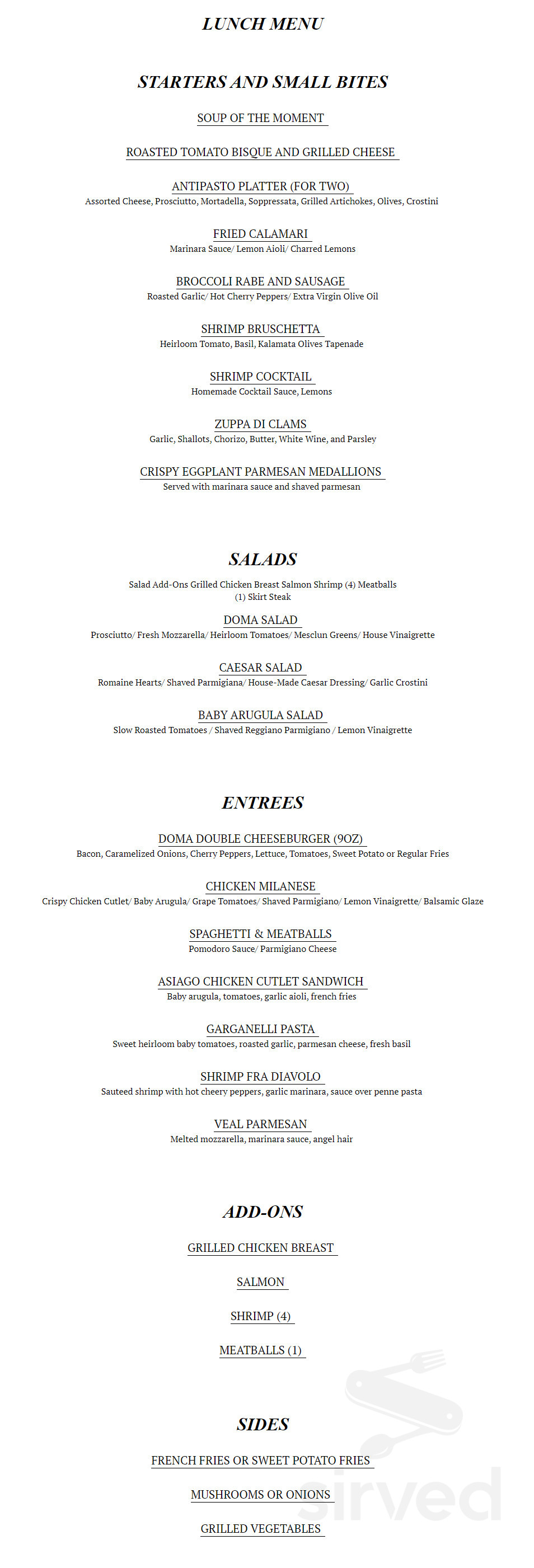 Doma On Main menu in Branford, Connecticut, USA