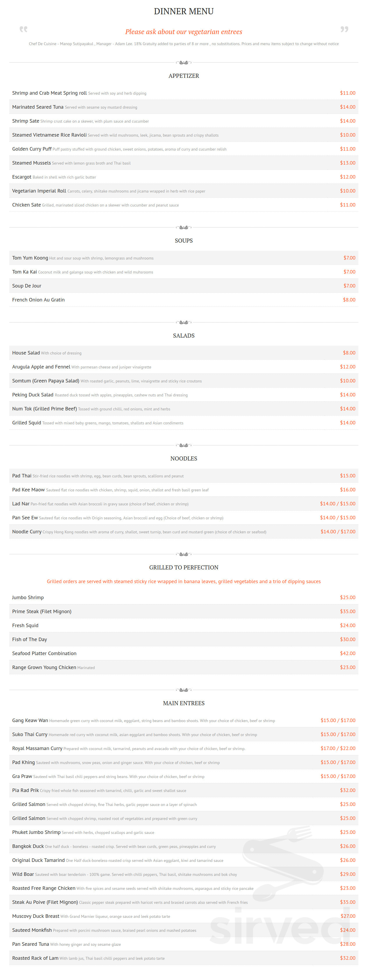 Menu for Origin French Thai in Somerville, NJ | Sirved