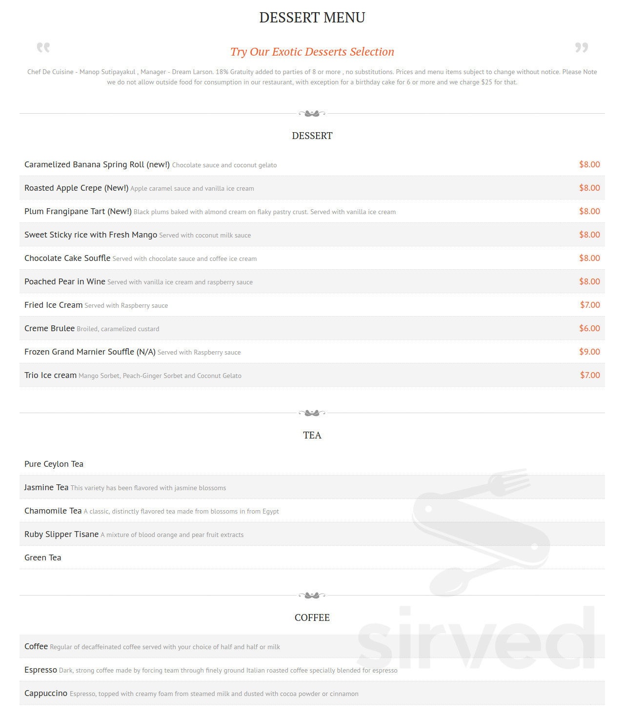 Menu for Origin French Thai in Somerville, NJ | Sirved