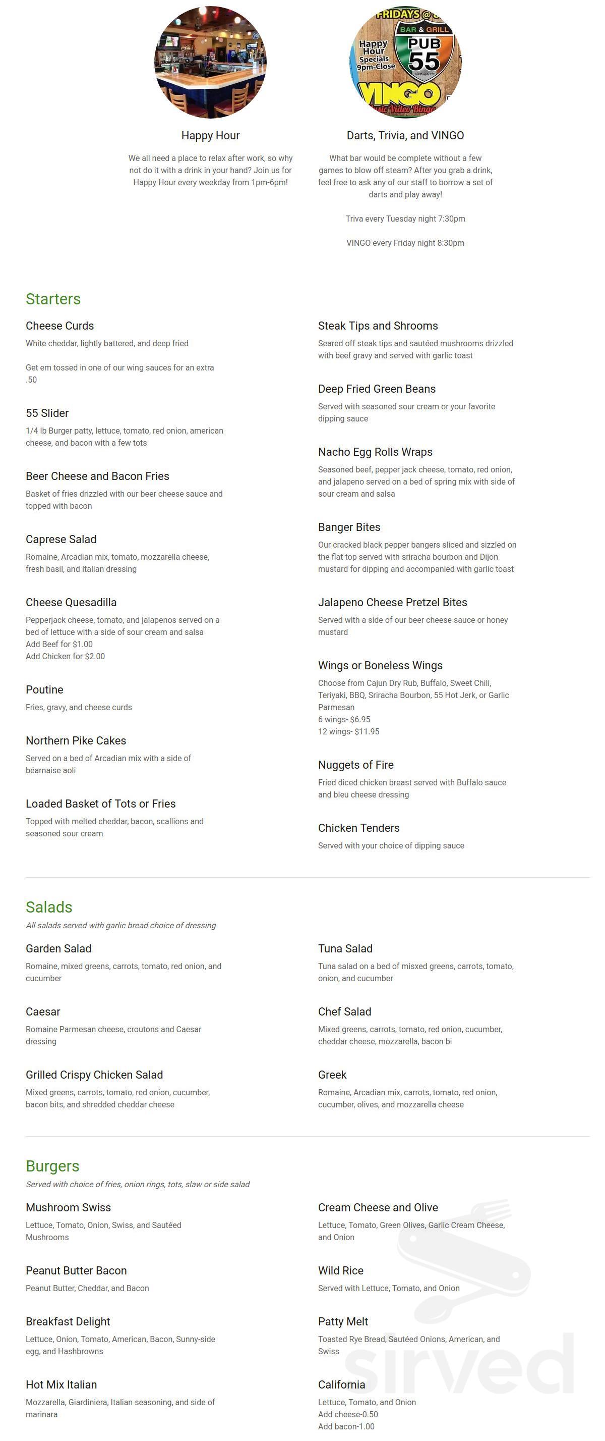 Pub 55 menu in Hastings, Minnesota, USA