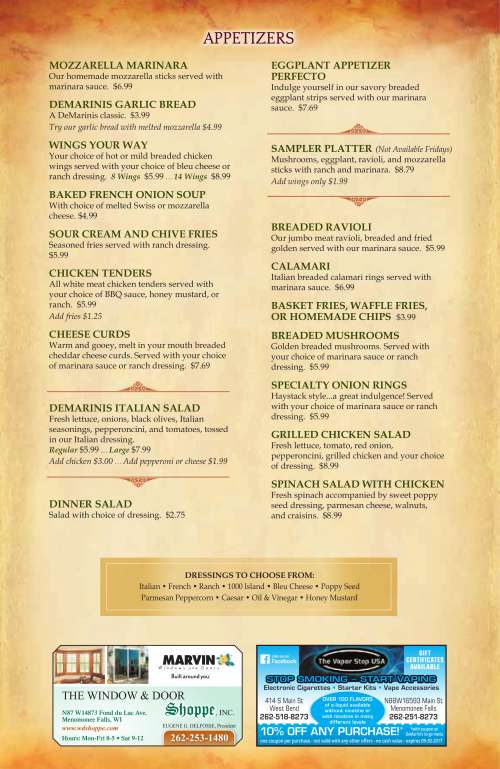 De Marinis Pizzeria menu in Menomonee Falls, Wisconsin, USA