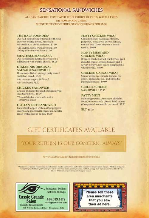 De Marinis Pizzeria menu in Menomonee Falls, Wisconsin, USA