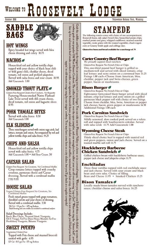 Roosevelt Lodge Dining Room menu in Yellowstone National Park, Wyoming, USA