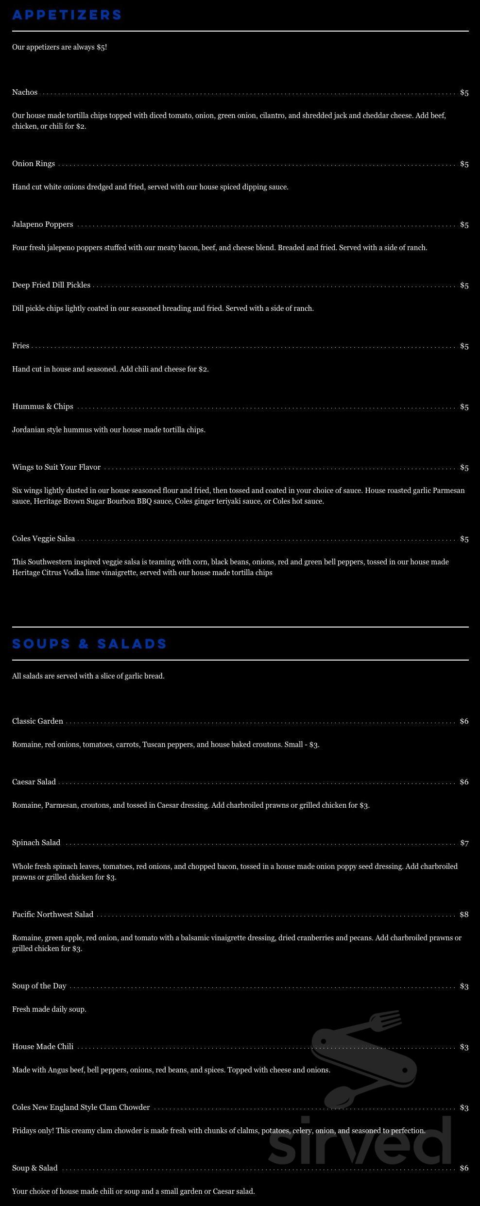 Menu - Ruston WA's Coles Bar & Grill | Sirved