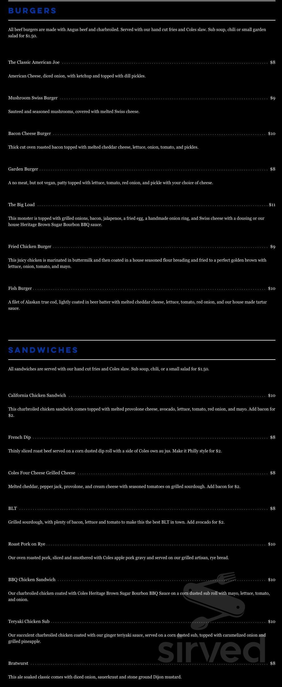 Menu - Ruston WA's Coles Bar & Grill | Sirved