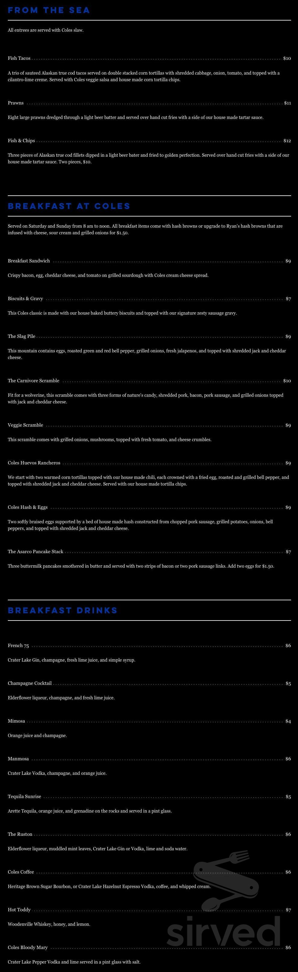 Menu - Ruston WA's Coles Bar & Grill | Sirved