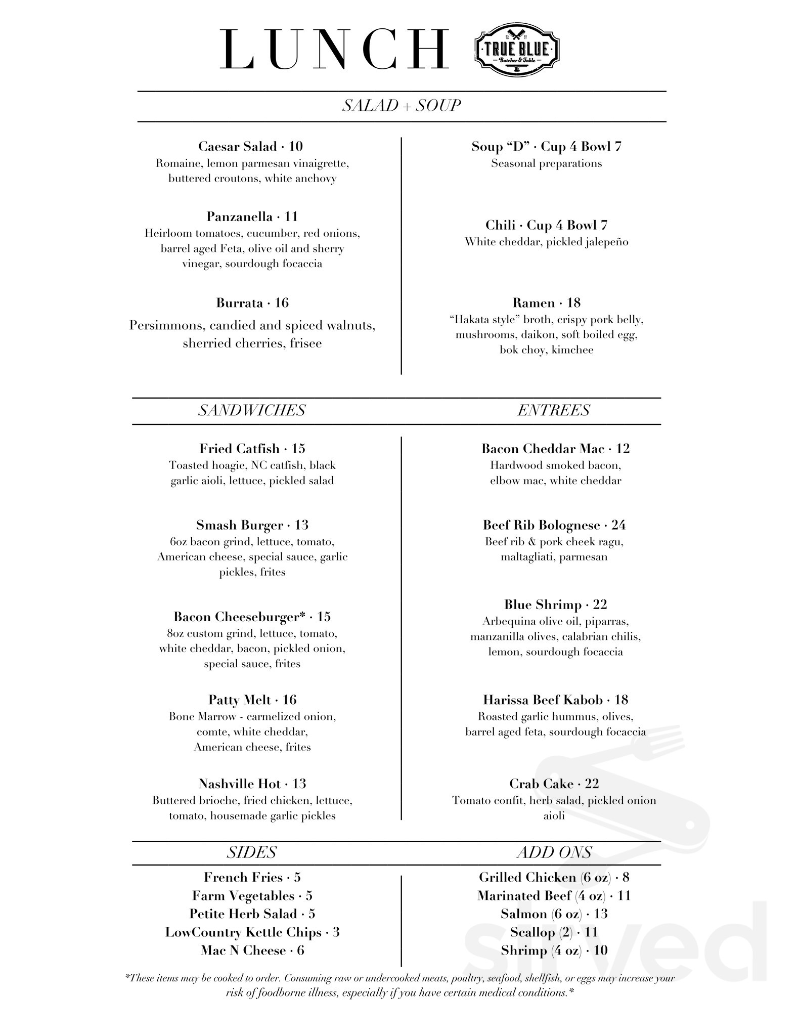 True Blue Butcher and Table menu in Wilmington, North Carolina, USA