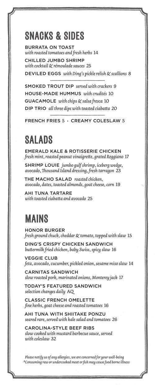 The Honor Bar menu in Palm Beach, Florida, USA