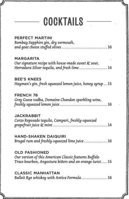 The Honor Bar menu in Palm Beach, Florida, USA