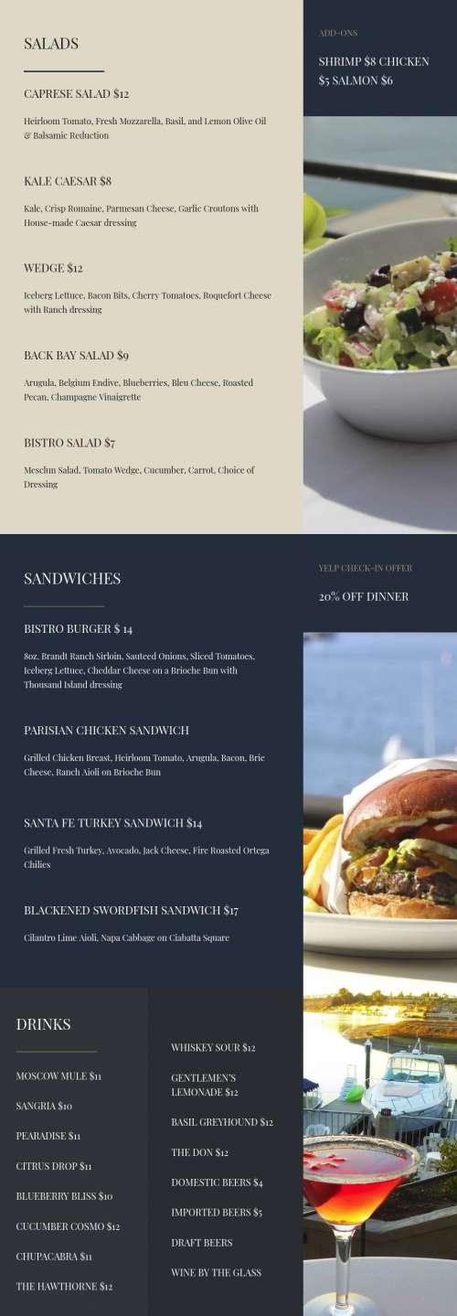 Back Bay Bistro menu in Newport Beach, California, USA