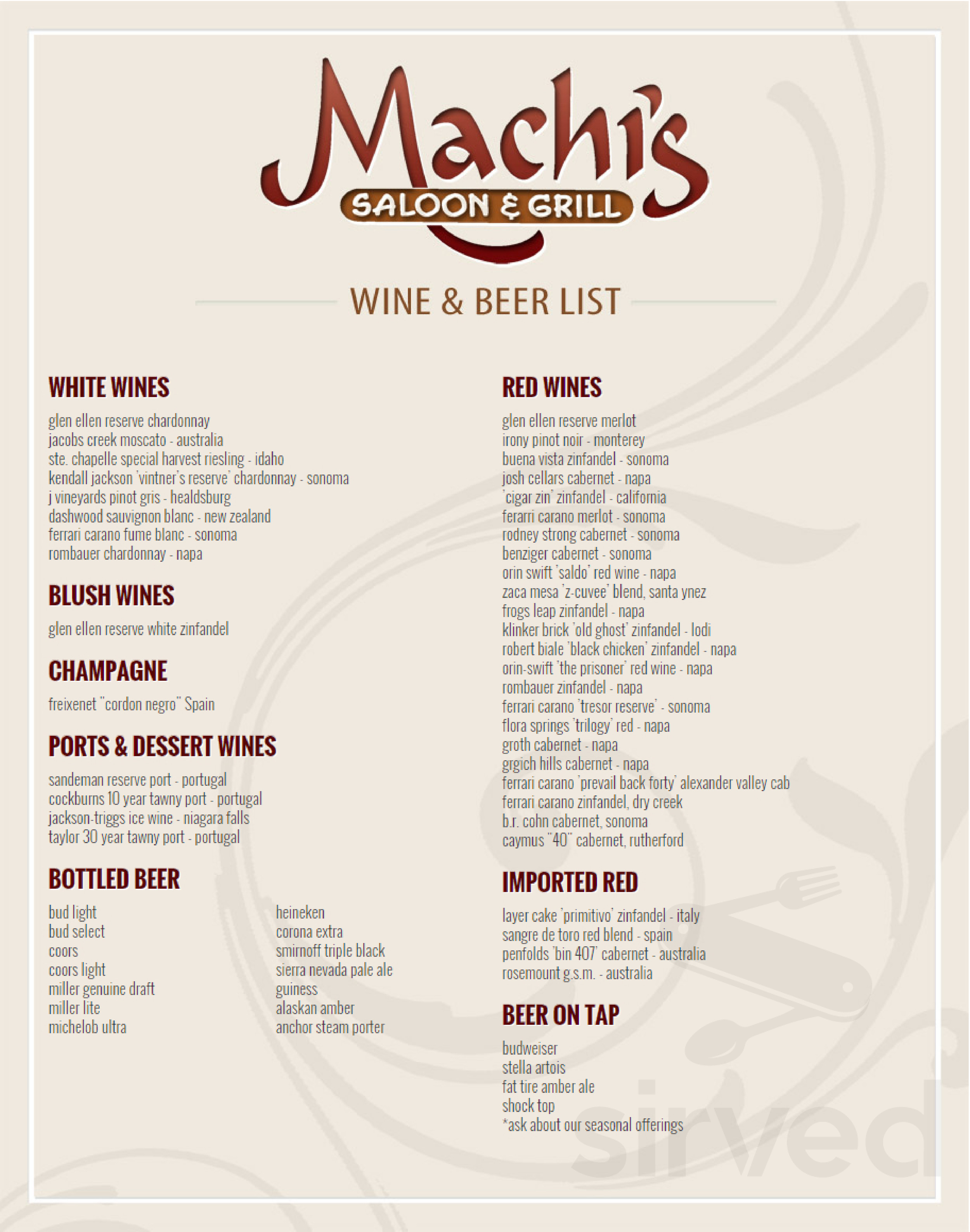 Machi's Saloon & Grill menu in Elko, Nevada, USA