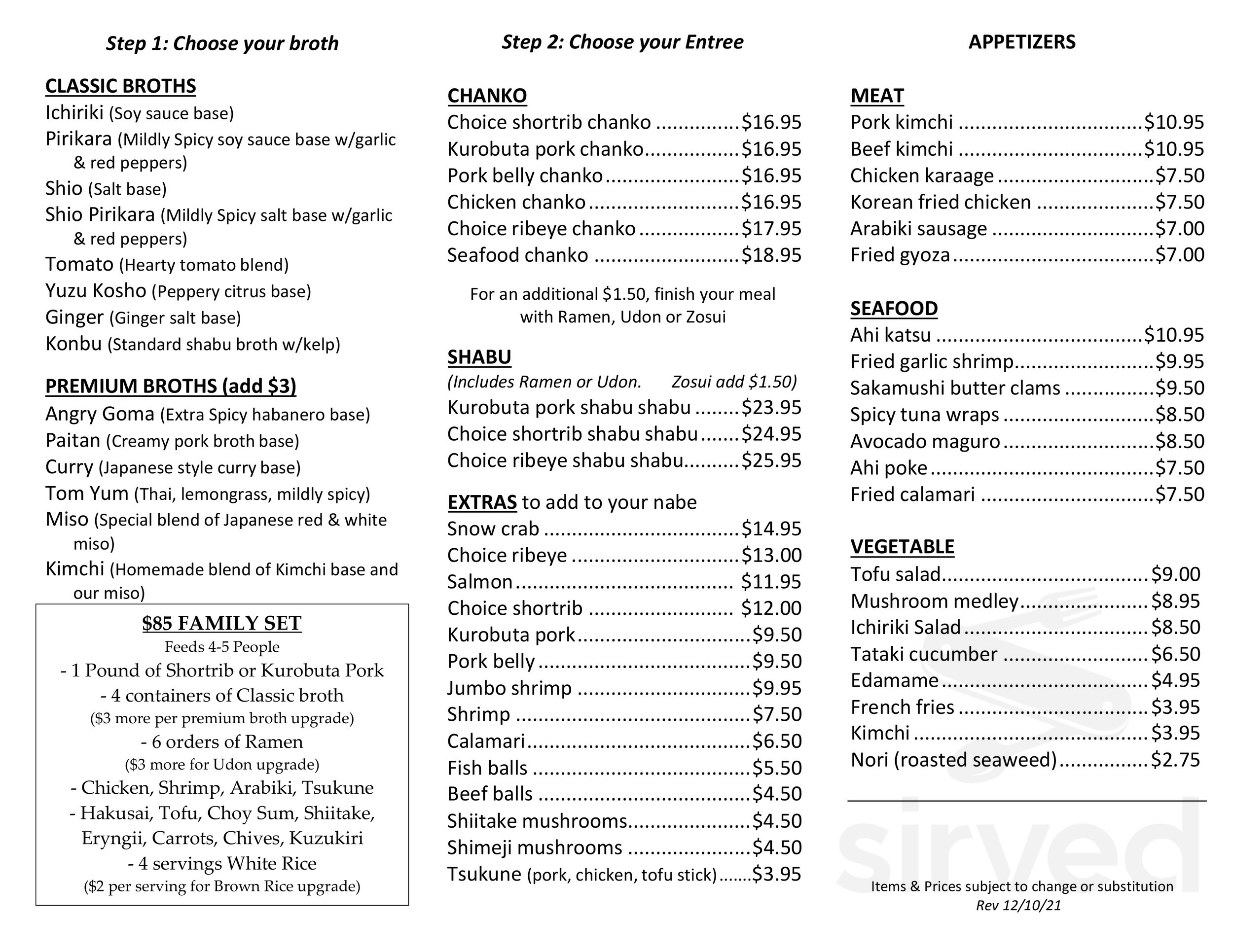 Ichiriki Japanese Nabe Restaurant menu in Honolulu, Hawaii, USA