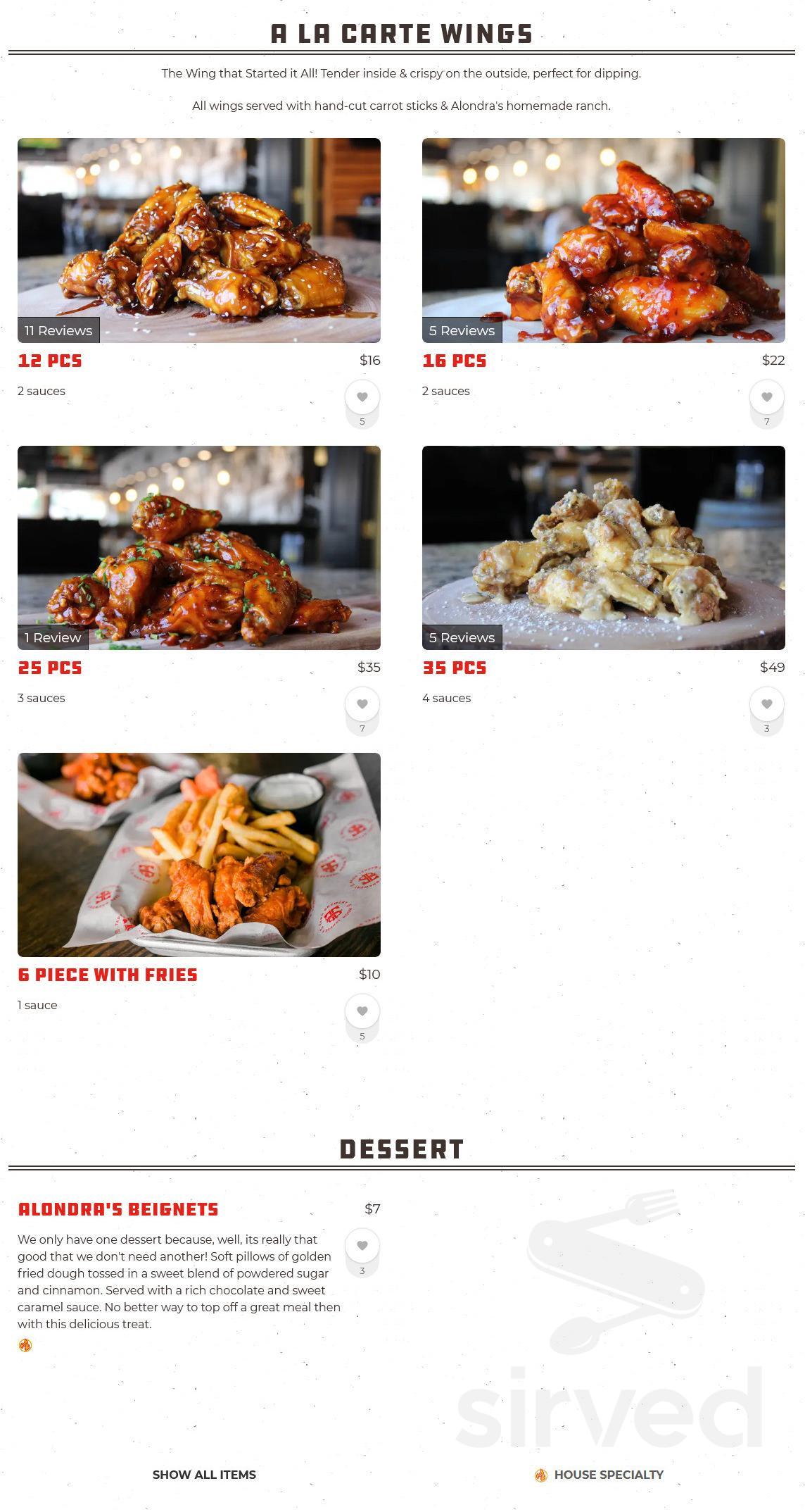 Menu - Alhambra CA's Alondra's Hot Wings, Pizza, Pasta | Sirved