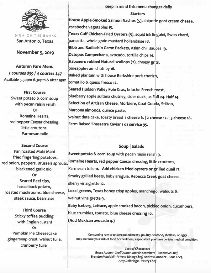 Menu for Biga - San Antonio Riverwalk Restaurant in San Antonio, TX ...