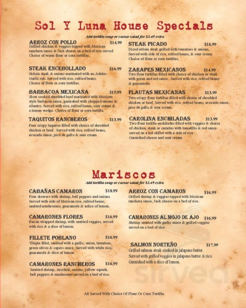 Sol Y Luna Cali-Mex Grill & Bar menus in Hendersonville, North Carolina ...