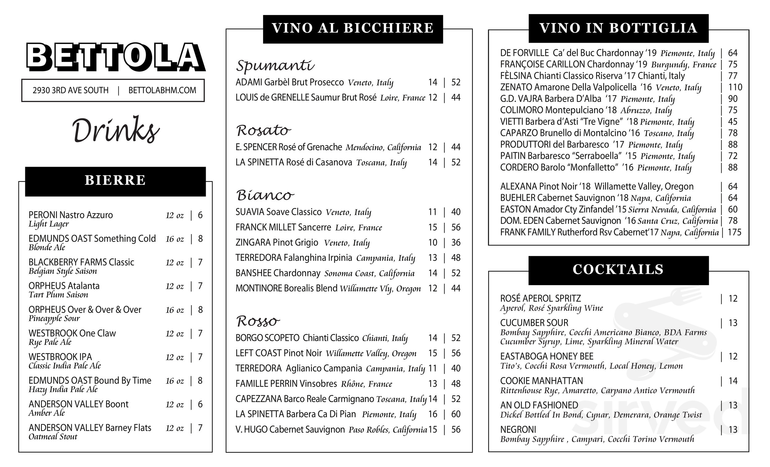 Bettola menu in Birmingham, Alabama, USA