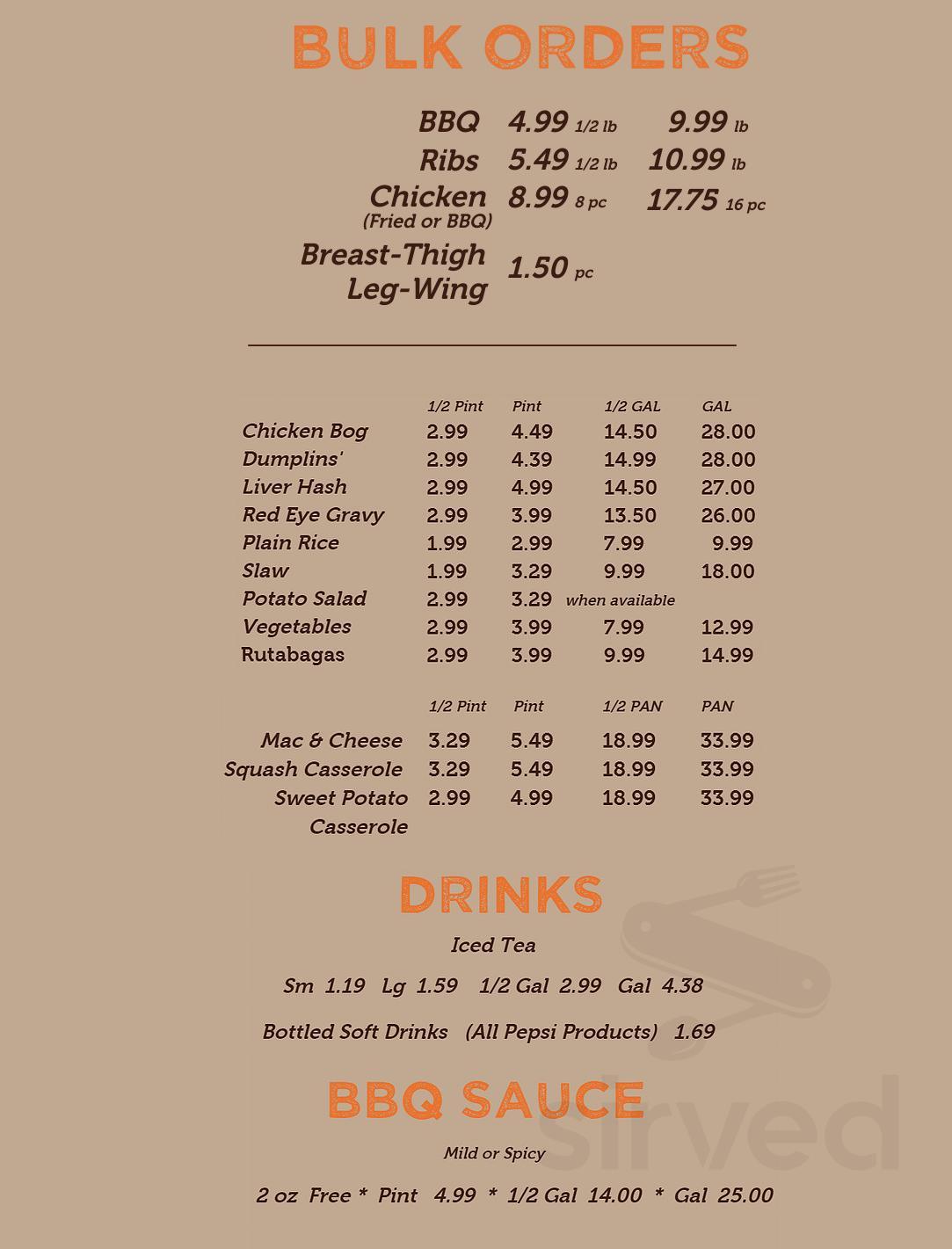 Woodstone BBQ and Seafood menu in Florence, South Carolina, USA