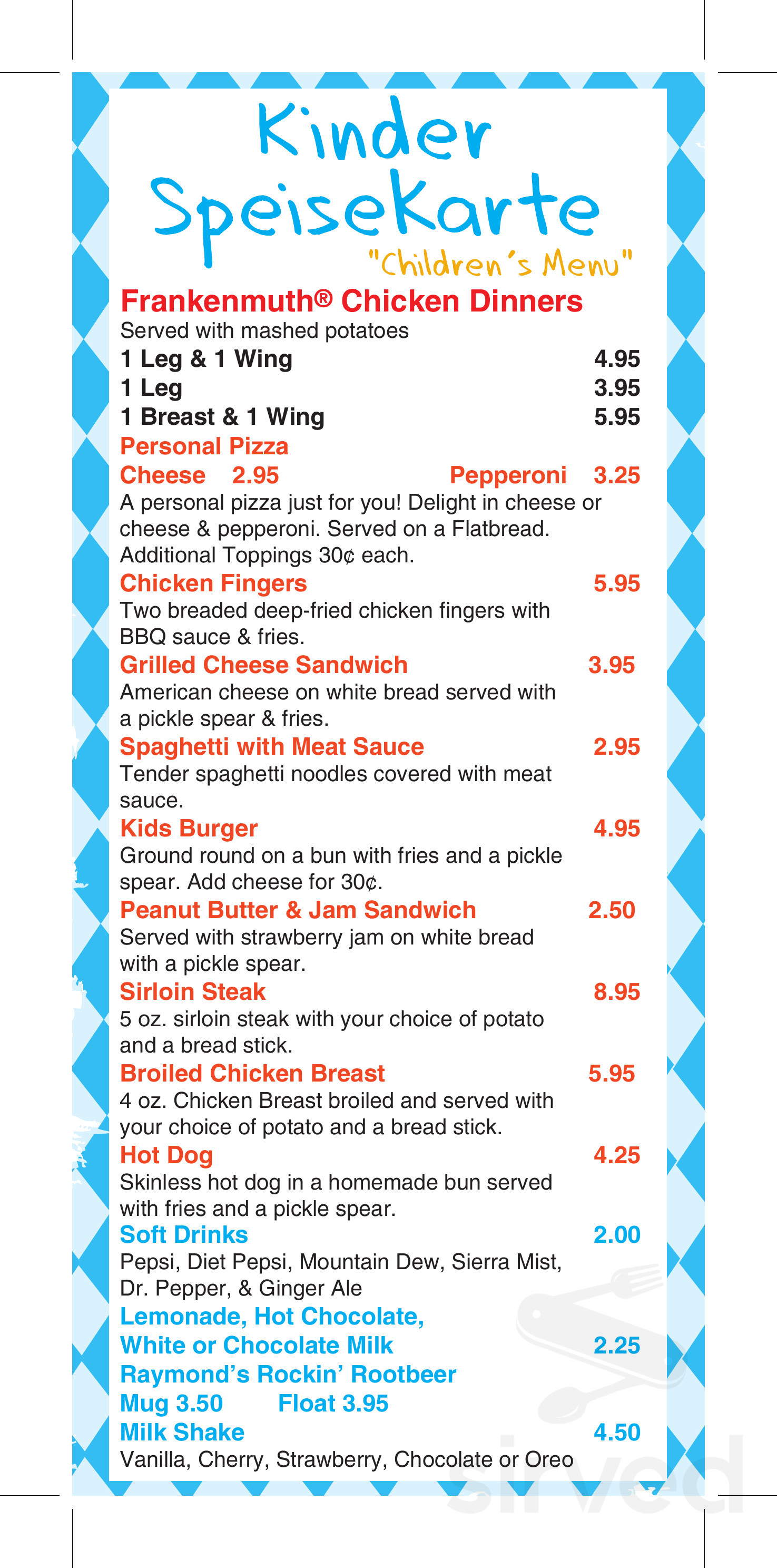 Oma's Restaurant menu in Frankenmuth, Michigan, USA