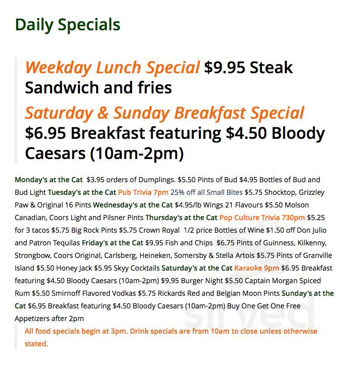 The Cat 'n Fiddle Pub menu in Calgary, Alberta, Canada