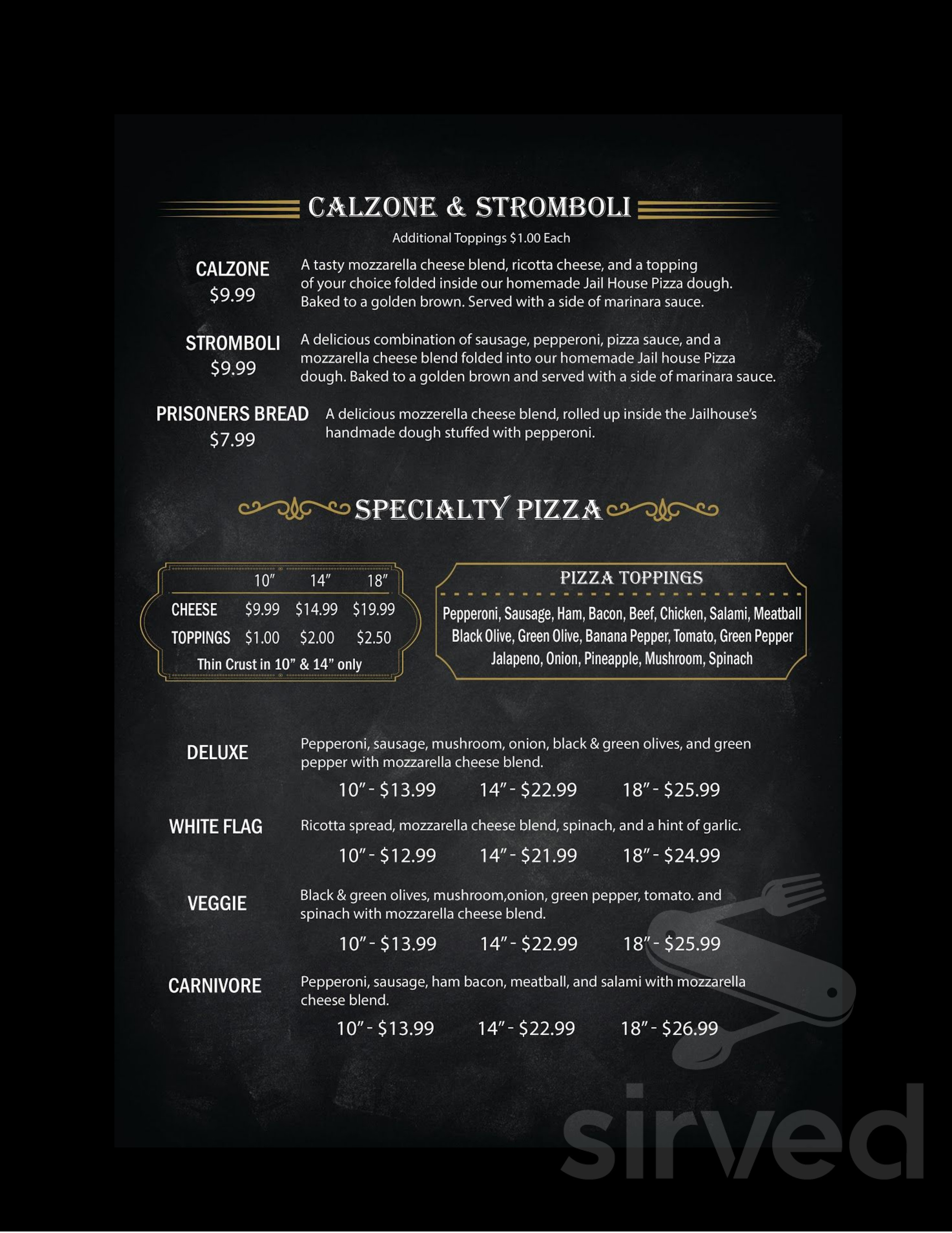 Jailhouse Pizza menu in Brandenburg, Kentucky, USA