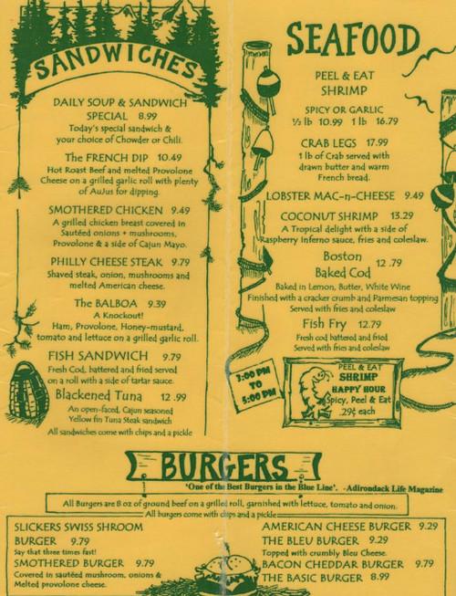 Slickers Adirondack Tavern menu in Old Forge, New York, USA