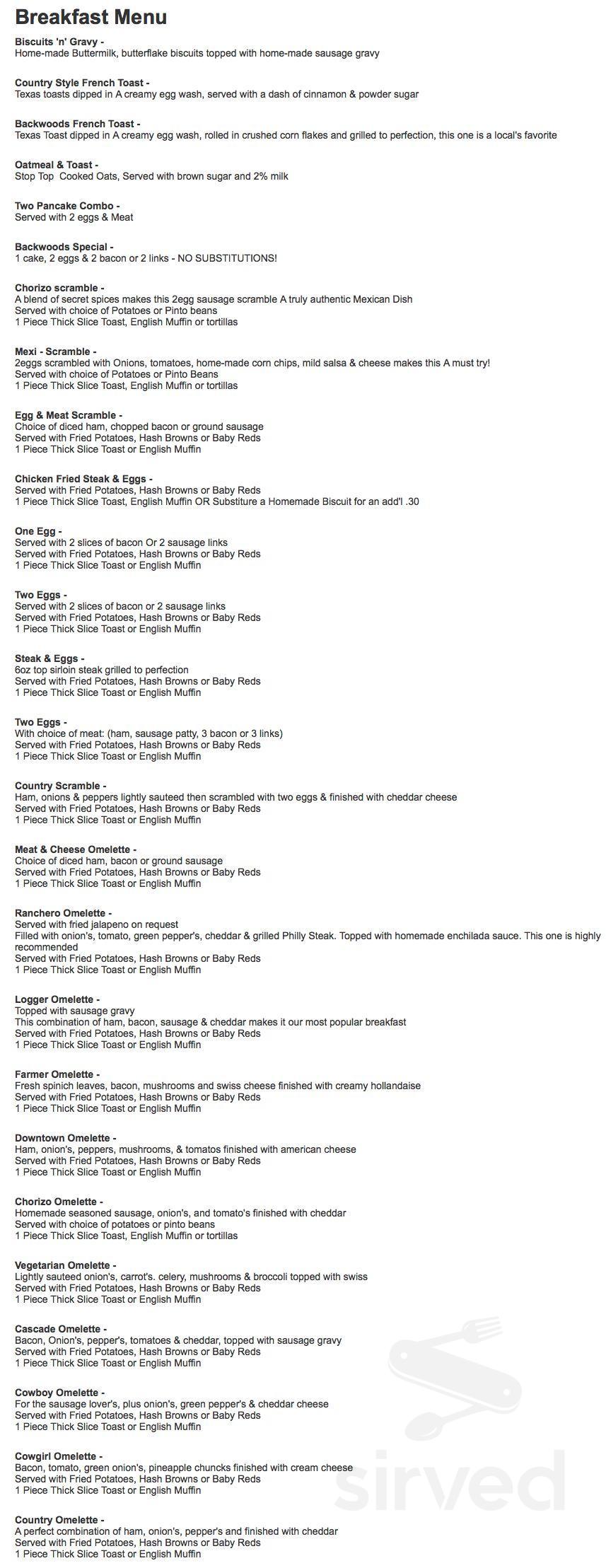 Menu - Yakima WA's Backwoods Cafe | Sirved