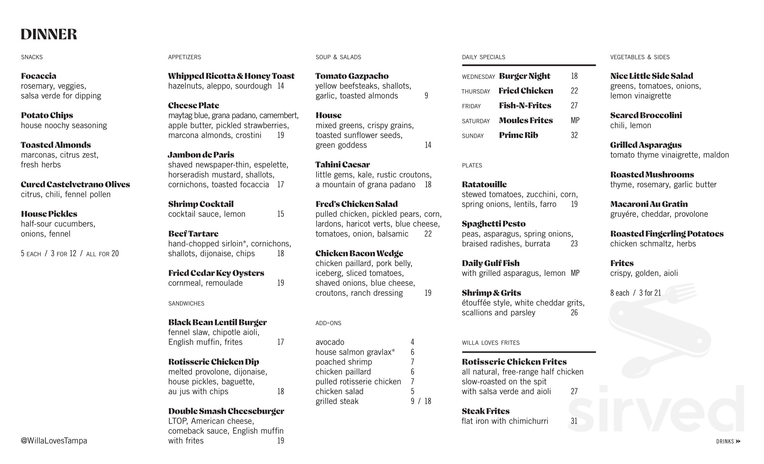 Willa's Menu - Tampa, Florida | Sirved