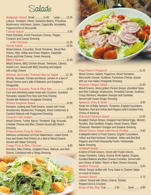 Papa Dan's Pizza & Pasta menu in Palm Desert, California, USA